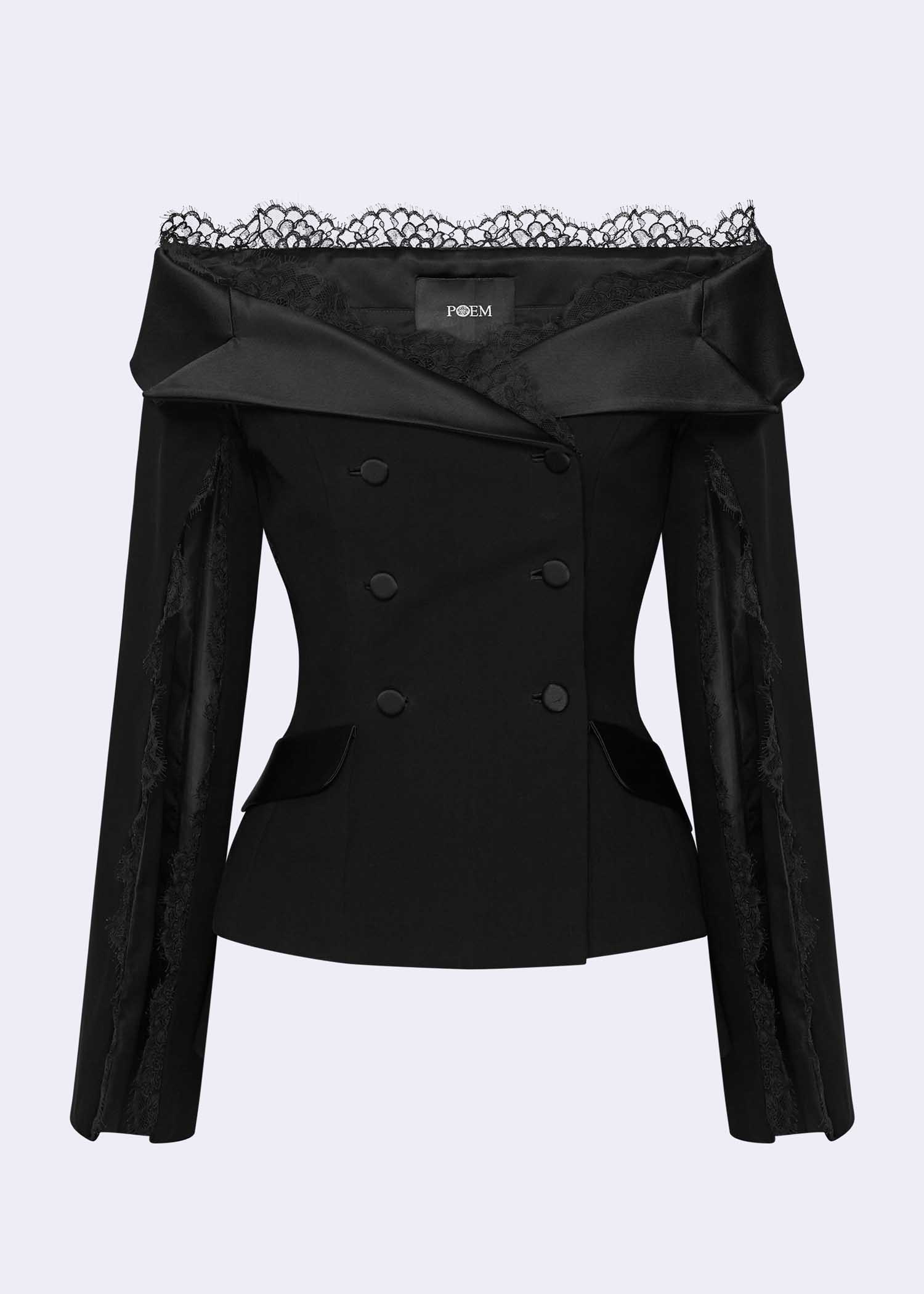 Black Off-Shoulder Double-Breasted Jacket - POEM