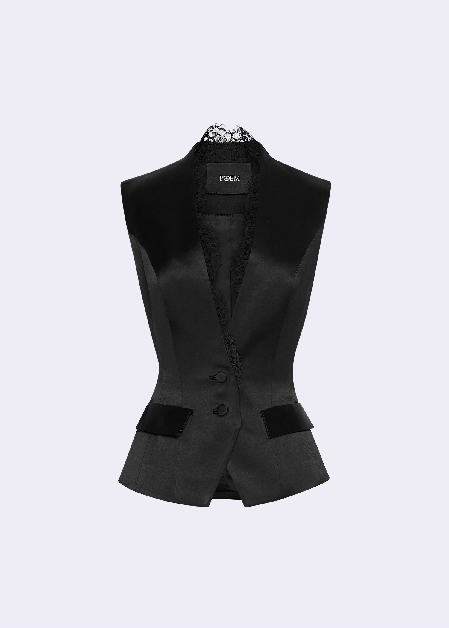 Black Satin-Crepe Waistcoat with Lace Detail - POEM